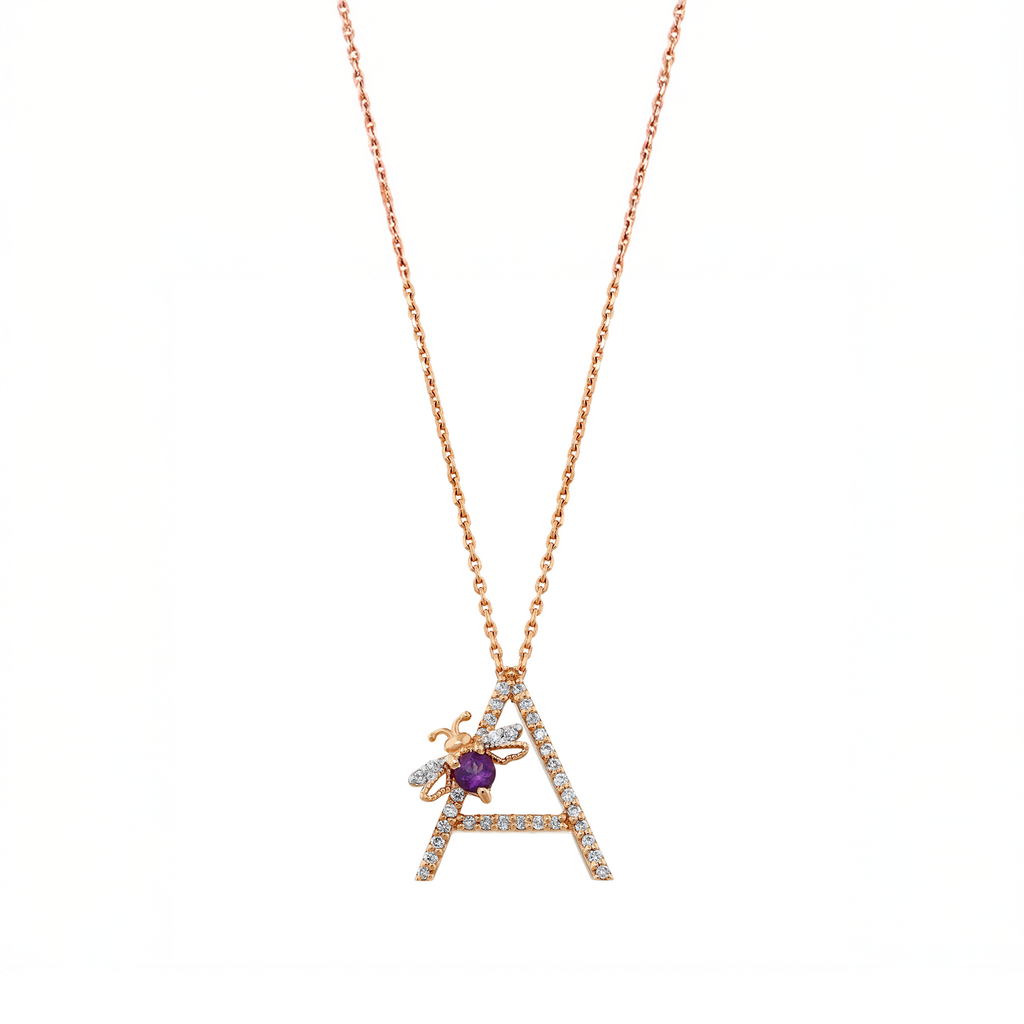 LETTER A GOLD DIAMOND AMETHYST NECKLACE – Bee Goddess